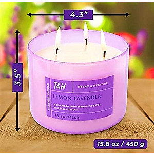 3 Wick Candle - Lemon Lavender Scented Candle with Cedar, Ylang-Ylang & Violet – Strong Candles for Home Scented – Aromatherapy Candle 15.8 oz - Lavender Candle - Natural Soy Candles for Men & Women