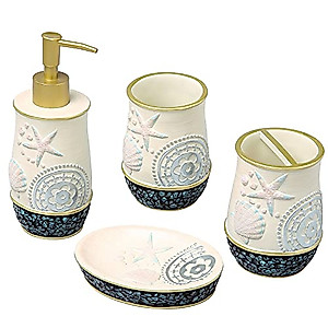 MyGift 4 Piece Countertop Coastal Cape Cod Bathroom Accessories Set with Embossed Seashell Starfish Design Includes Soap Dish, Tumbler, Toothbrush Holder, Vintage Brass Pump Dispenser
