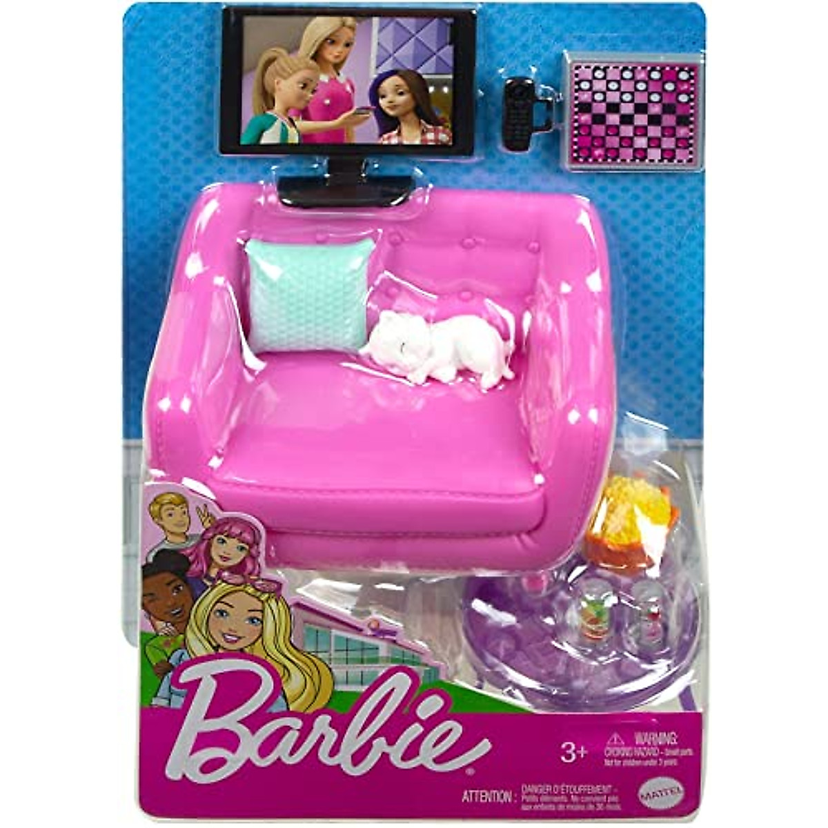Barbie Indoor Furniture Playset, Living Room Includes Kitten, Furniture and Accessories for Movie and Game Night