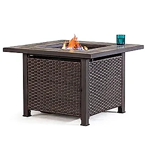 Sunjoy 38" Gas Fire Pit Table, Outdoor Patio Brown Square All-Weather Wicker Ceramic Tile Top Propane Burning Fire Pit Table with Lid and Lava Rocks