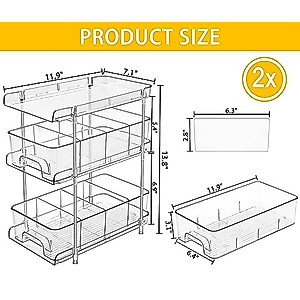 Hsuner 2 Set 3 Tier Clear Under the Sink Organizer Bathroom with Dual Pull-Out Drawers 12 Dividers, Multi-Purpose Storage for Kitchen Pantry, Vanity Skincare and Snacks, Medicine Cabinet Organizer