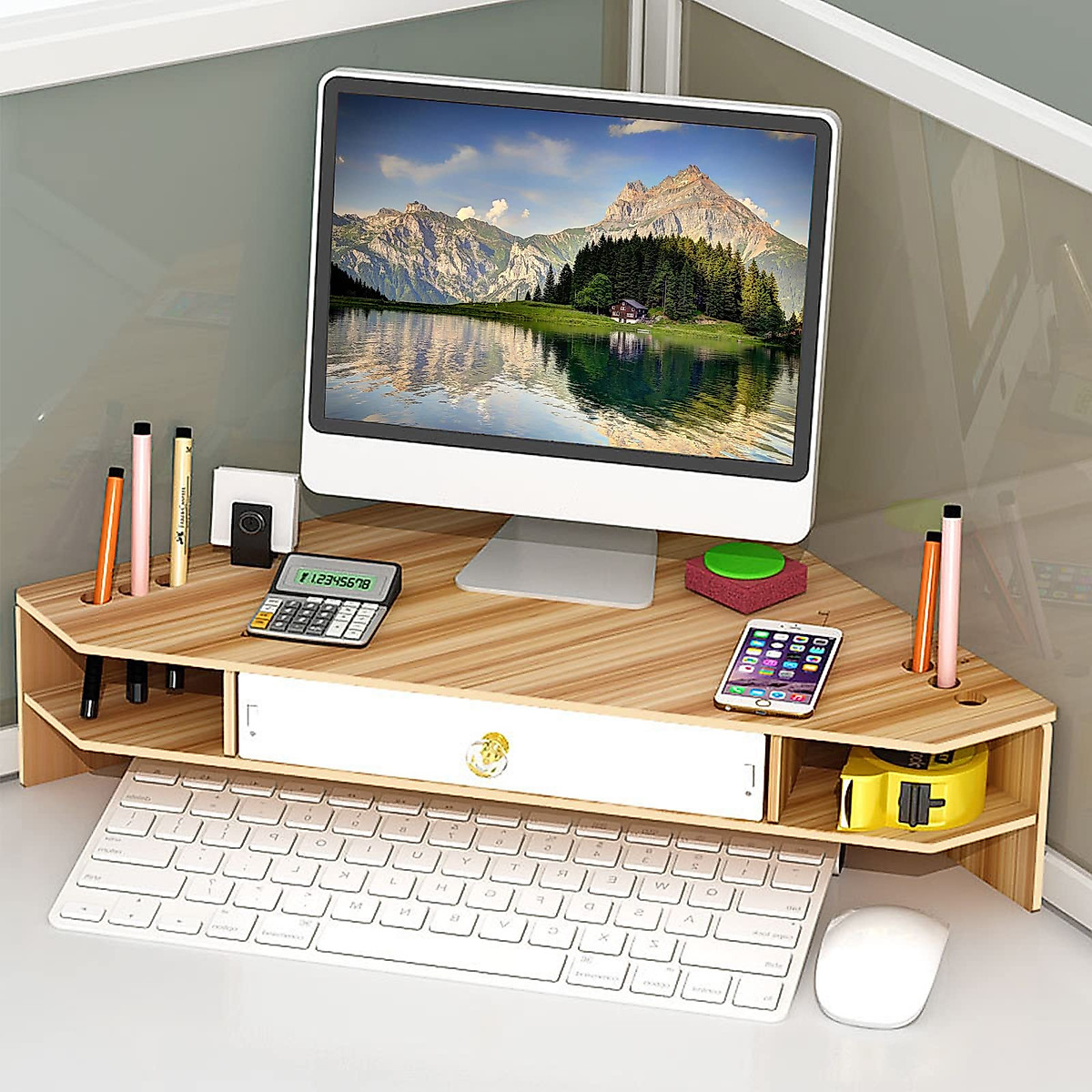Triangle Monitor Riser,Corner Computer Monitor Stand with Drawer,Wooden Triangle Save Space Desktop Computer Stand with Office Organization,Desktop Corner Shelf with Drawers Wooden Laptop Stand Riser