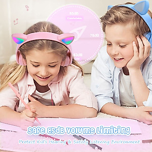 Wireless Cat Ear Headphone, Kids Headphones with Mic&LED Light Up Cat, 85dB Safe Volume Limited, Foldable Kitty Headpones for Online Learning, School, Travel, Tablet, Smartphone - Support 3.5mm Audio