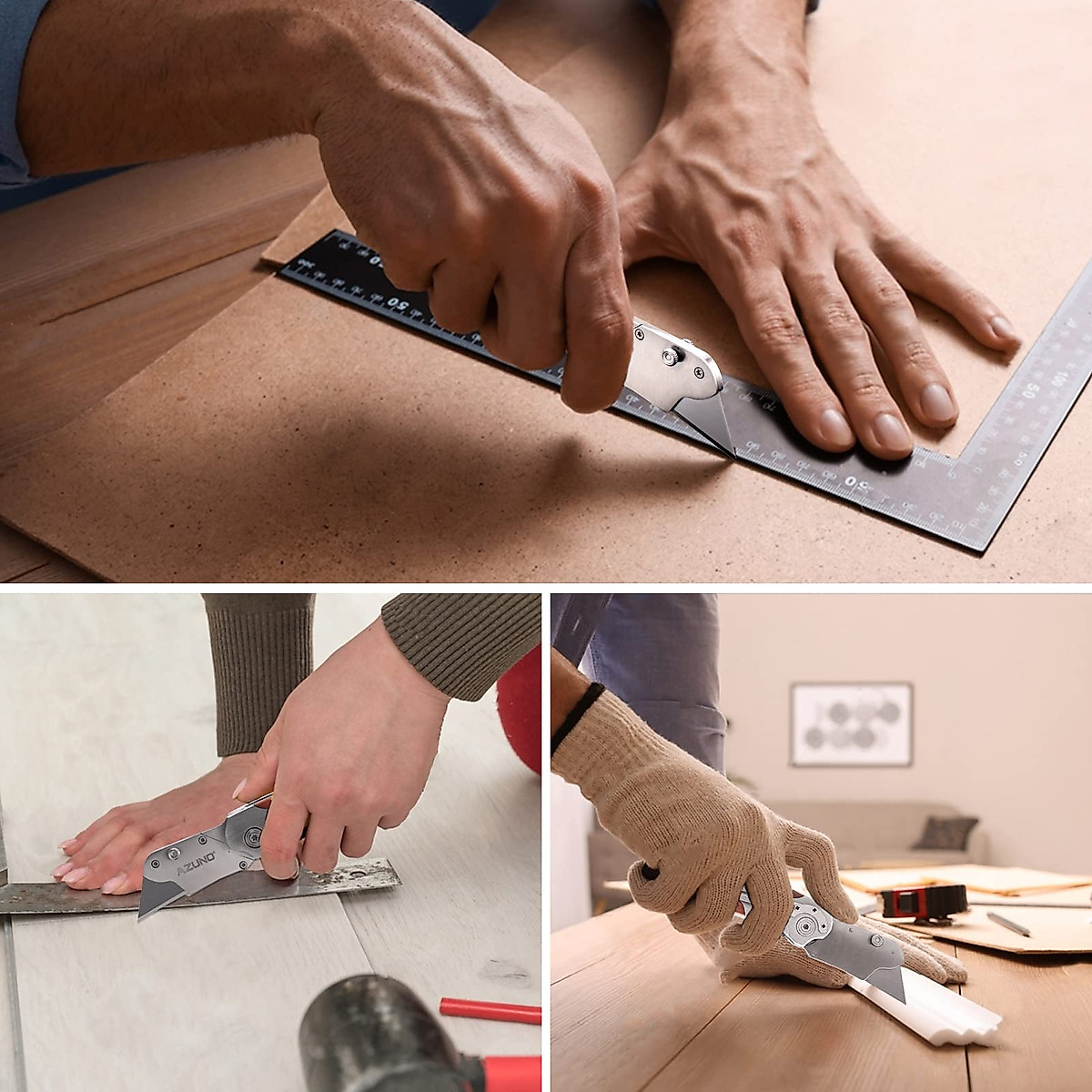 AZUNO Wood Handle Folding Utility Knife with Stainless Steel Head, Quick-change Blade & Back Lock