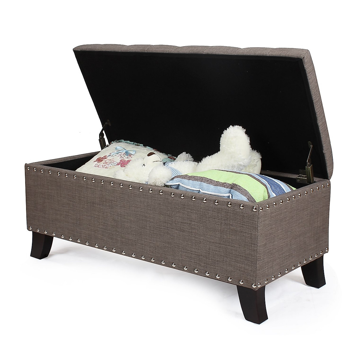 Adeco Fabric Rectangular Button Tufted Nail Head Trim Trio Storage Bench (Set of 3) Ottomans, Fuscous Grey