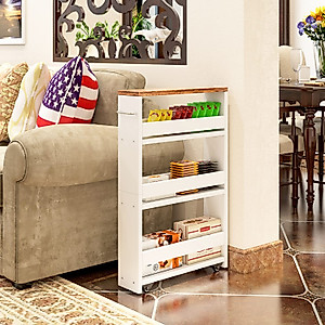 TEAMIX 4 Tier White Slim Storage Cart with Handle, Slide Out Storage Rolling Utility Cart Mobile Shelving Unit Organizer Trolley for Small Spaces Kitchen Laundry Narrow Places