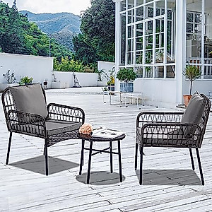 Homsido Small Patio Furniture Set 3 Pieces Boho Outdoor Rattan Woven Chairs Wicker Garden Conversation Balcony Bistro Sets for Yard,Pool or Backyard,Front Porch(Grey Wicker Grey Cushions)