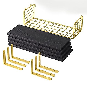 Fixwal 4+1 Tier Floating Shelves Rustic Wood Wall Mounted Shelf, Bathroom Shelves Over Toilet with Wire Storage Basket, Farmhouse Wall Decor for Bedroom, Kitchen, Living Room and Plants (Black Gold)