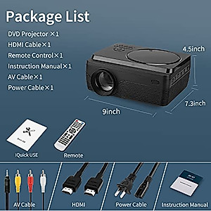 DVD Projector Protable Built in DVD Player HD 1080P Supported Movie Projector for Outdoor Use Compatible with HDMI, USB, AV, TF, VGA, TV Stick