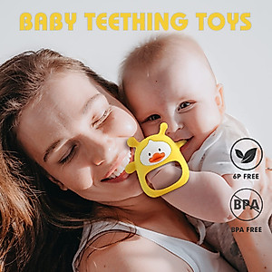 Baby Teething Toys, Duck Baby Teether Toy for Babies 3+ Months, Baby Chew Toys for Sucking Needs, Never Drop Silicone Baby Mitten Teether for Soothing Teething Pain Relief Green