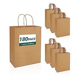 Colemoly Paper Gift Bags 180pcs 5.25x3.25x8 Inch Kraft Paper Bags with Handles Small Brown Recyclable for Small Business, Retail, Grocery, Cafes, Bakeries, and Cosmetics Stores