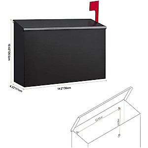 LAND·VOI Wall-Mount Mailbox with One Flag Kit and Three Sets of 0-9 Mailbox Number Stickers, Mailboxes for Outside, Galvanized Steel Rust-Proof Metal Post Box, 4.33" Dx14.2 Wx10.43 H, Black, AMB03B