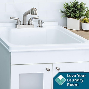 JS Jackson Supplies Dual Handle Pull Out Faucet, Stainless Steel Finish, 4 Inch Center Set, Universal Utility Sink or Laundry Tub ABS Plastic Faucet with Spray Setting