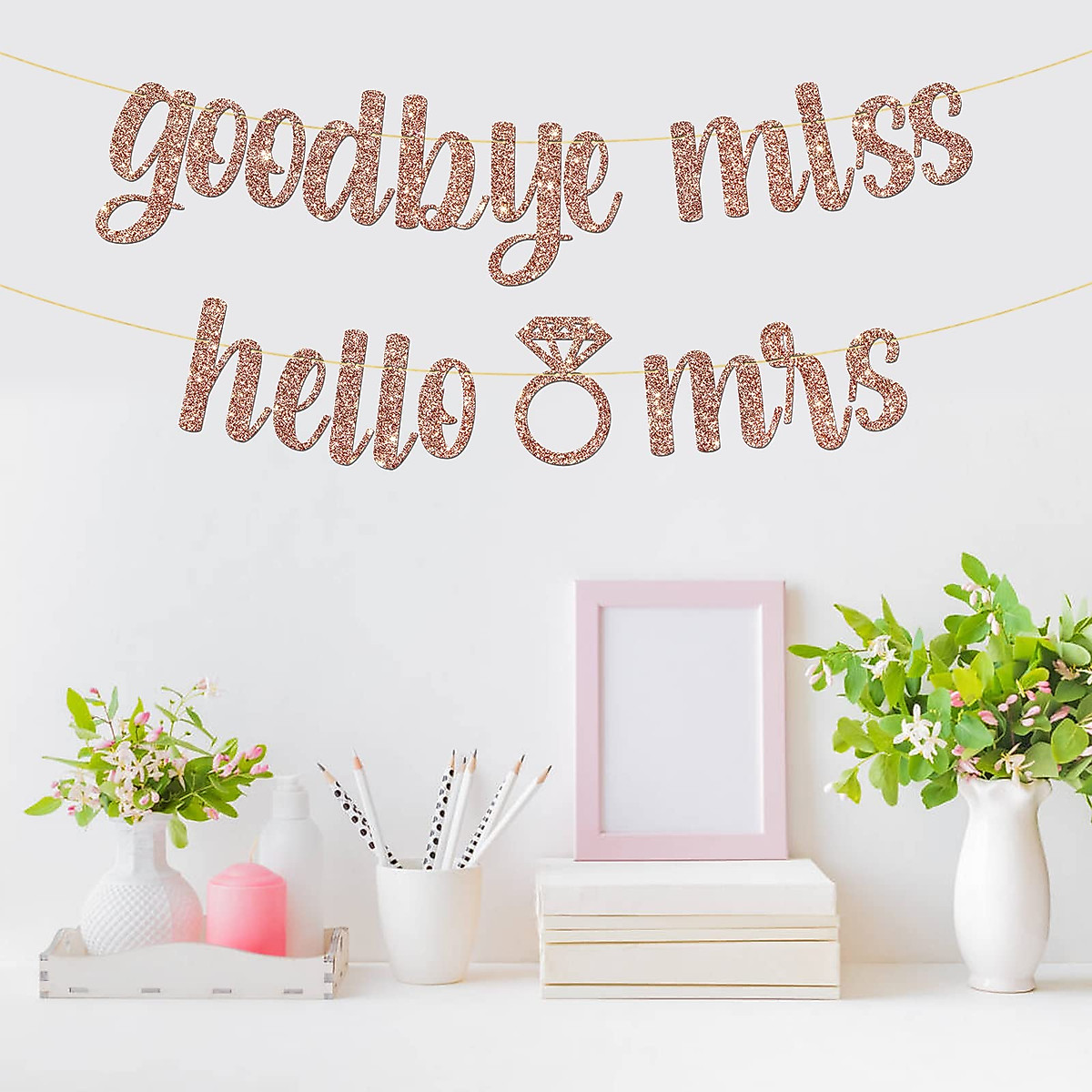 Belrew Goodbye Miss Hell Mrs Banner, Engagement Party Decor, Bridal Shower, Wedding Bride to Be Party Decoration Supplies, Glittery Rose Gold