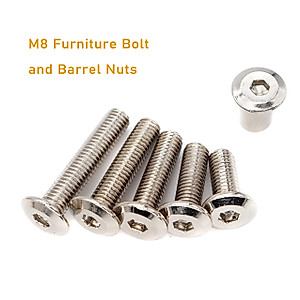 binifiMux 50pcs M8x20mm/25mm/30mm/35mm/40mm Rivet Countersunk Hex Socket Cap Bolts and Hex Head Barrel Nuts Assortment Kit for Furnitures Cribs Chairs, Nickel Plated