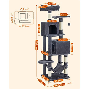 Feandrea Cat Tree, 61-Inch Cat Tower for Indoor Cats, Plush Multi-Level Cat Condo with 5 Scratching Posts, 2 Perches, 2 Caves, Hammock, 2 Pompoms, Smoky Gray UPCT192G01