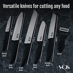 Vos Ceramic Knife Set, Ceramic Knives Set For Kitchen, Ceramic Kitchen Knives With Peeler, Ceramic Paring Knife 4", 5", 6", 7", 8" Inch Black