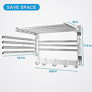 Laundry Clothes Drying Rack, Foldable Wall Mounted Drying Rack, Swivel Towel Rack with 5 Coat Hooks & 7 Swing Arms, Space Aluminum Drying Rack for Laundry Room Organization and Bathroom (Silver 7rods)