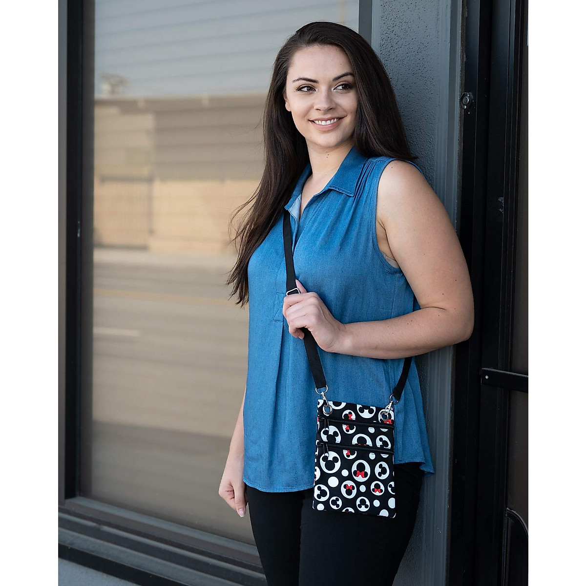 Disney Passport Crossbody Bag Mickey & Minnie Icon Print Travel Black (Multicolor)