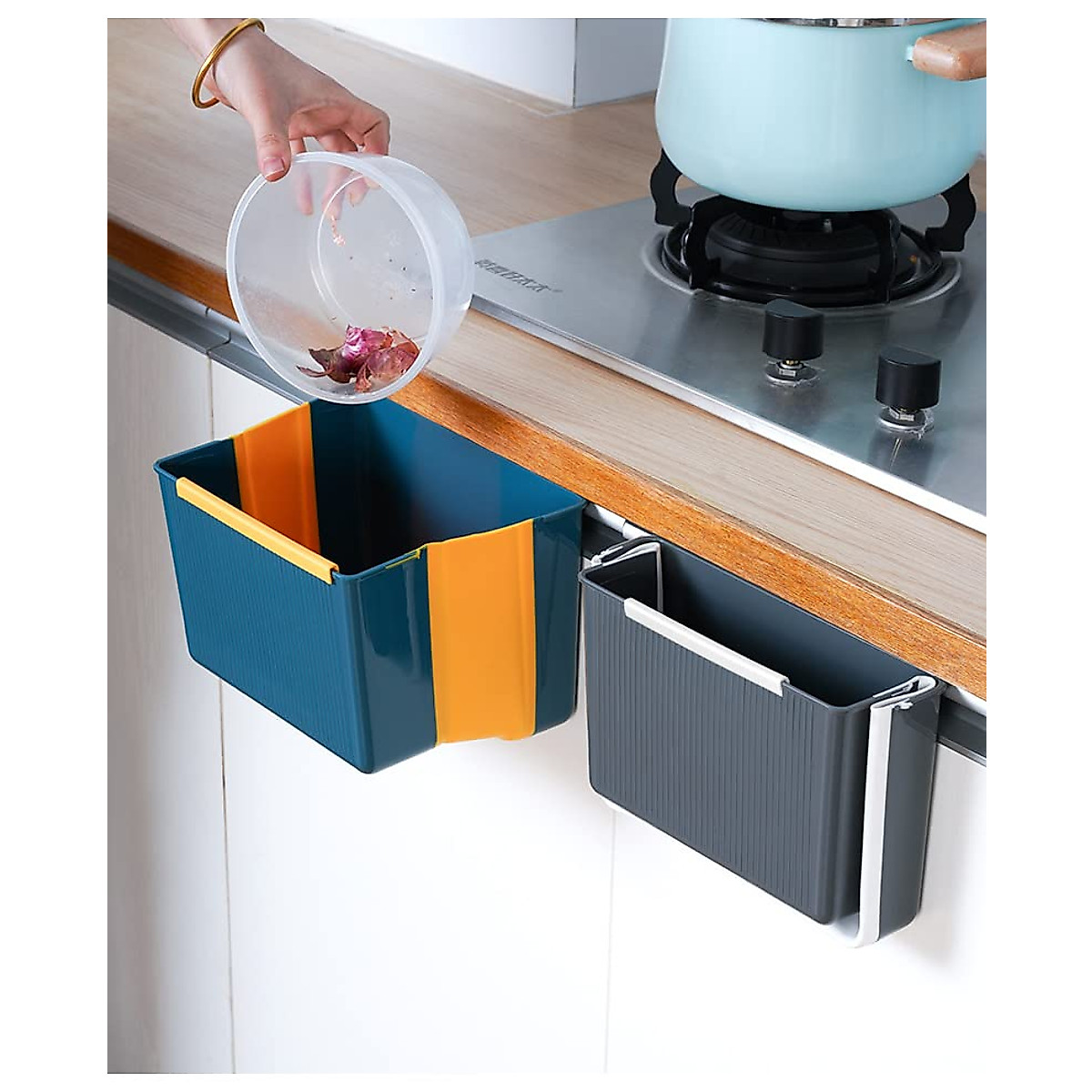 PEFWO Hanging Kitchen Trash Can, Kitchen Trash Can Foldable, 3L Collapsible Hanging Small Garbage for Cabinet/Car/Bedroom/Bathroom(Gray)