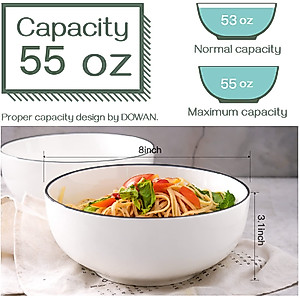 YOLIFE Salad Bowls 55 oz, Set of 3 Pho Bowl, Large Serving Bowls, 8 inch Porcelain Bowls for Fruit, Soup, Pasta Bowl, White with Black Trim