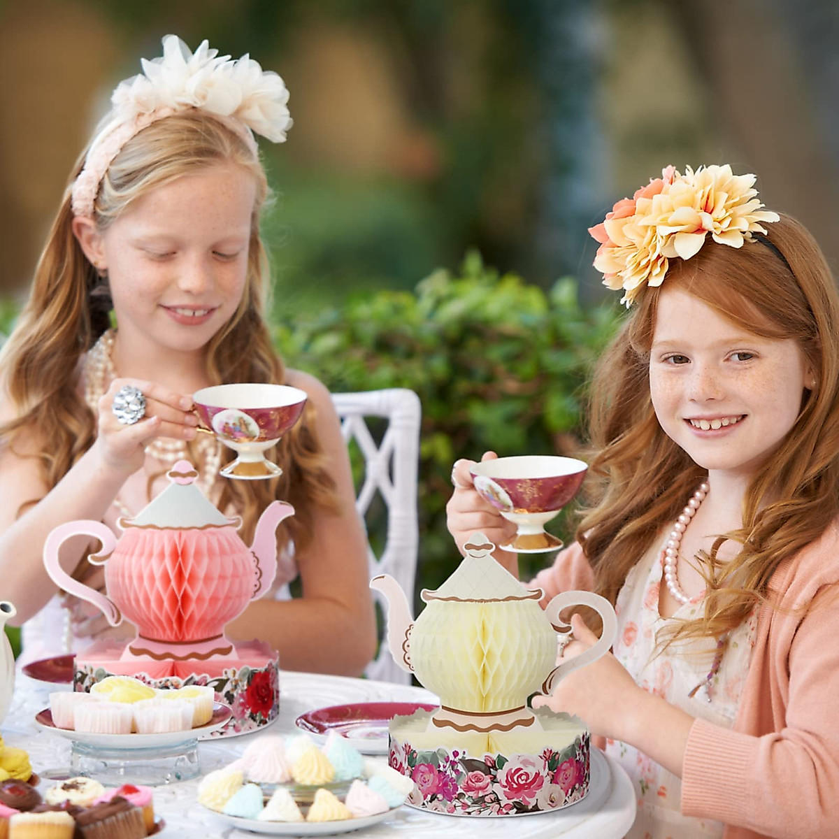 Wettarn 6 Pcs Floral Tea Party Decorations Princess Party Tea Honeycomb Tea Party Centerpieces for Tables Spring Summer Birthday Decors 3D Vintage Teapot Vase Decors for Wedding Girls Women (Floral)