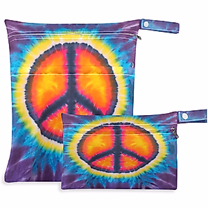 visesunny Abstract Peace Sign Design Tie Dye 2Pcs Wet Bag with Zippered Pockets Washable Reusable Roomy Diaper Bag for Travel,Beach,Daycare,Stroller,Diapers,Dirty Gym Clothes,Wet Swimsuits,Toiletries