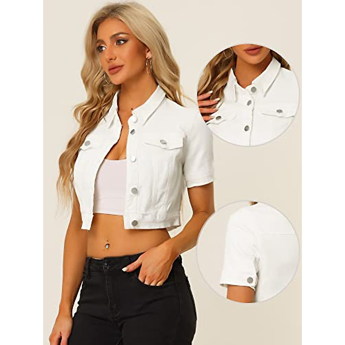 Allegra K Casual Jacket for Women's Short Sleeves Crop Jean Denim Jacket Small White