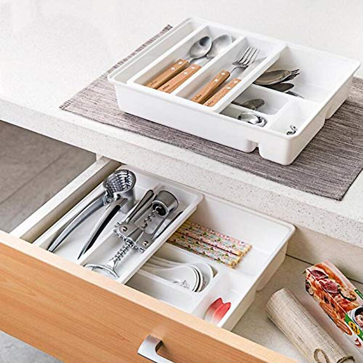 weemoment Adjustable, Expandable Compartment Kitchen Cabinet Drawer Organizer Tray - Divided Sections for Cutlery, Serving Spoons, Cooking Utensils, Gadgets - BPA Free, Food Safe