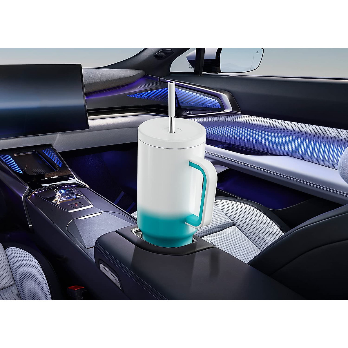 Meoky 40oz Tumbler with Handle, Leak-proof Lid and Straw, Insulated Coffee Mug Stainless Steel Travel Mug, Keeps Cold for 34 Hours or Hot for 10 Hours (Azure)