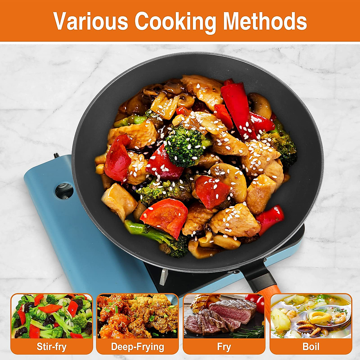 Anyfish Wok Pan with Lid, 13in Woks & Stir Fry Pans with Silicone Spatula, Nonstick Wok and Carbon Steel Woks, No Chemical Coated Flat Bottom Chinese Wok For Induction, Electric, Gas, All Stoves