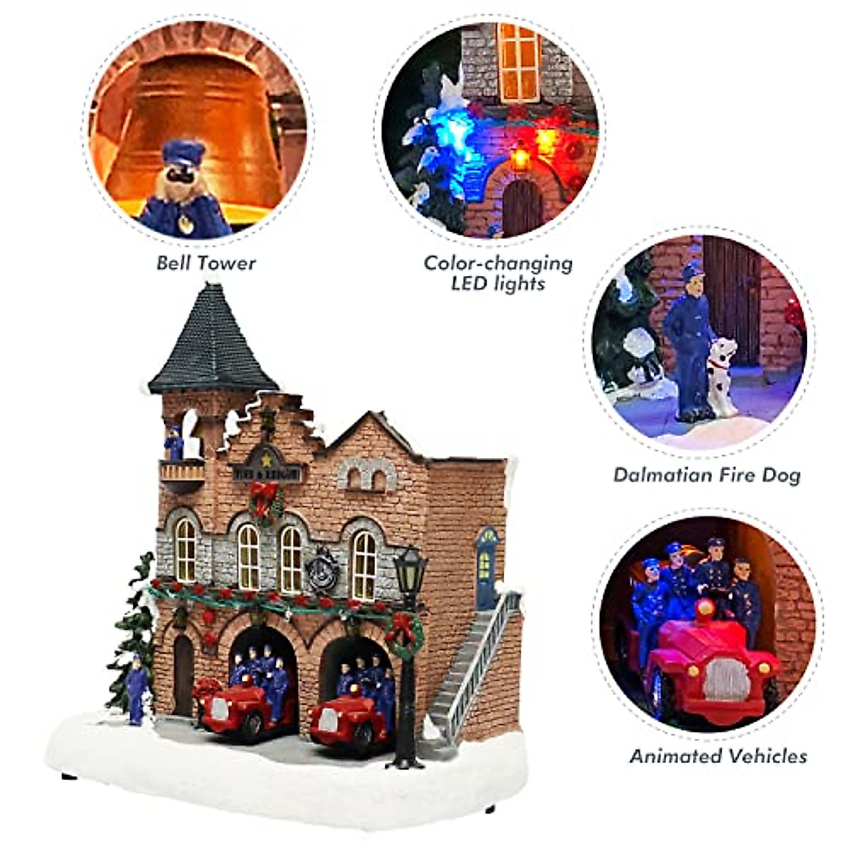 MOMENTS IN TIME Christmas Village Building, Fire Station with LED Lights, Christmas Music, and Animation - Power Adapter (Included)