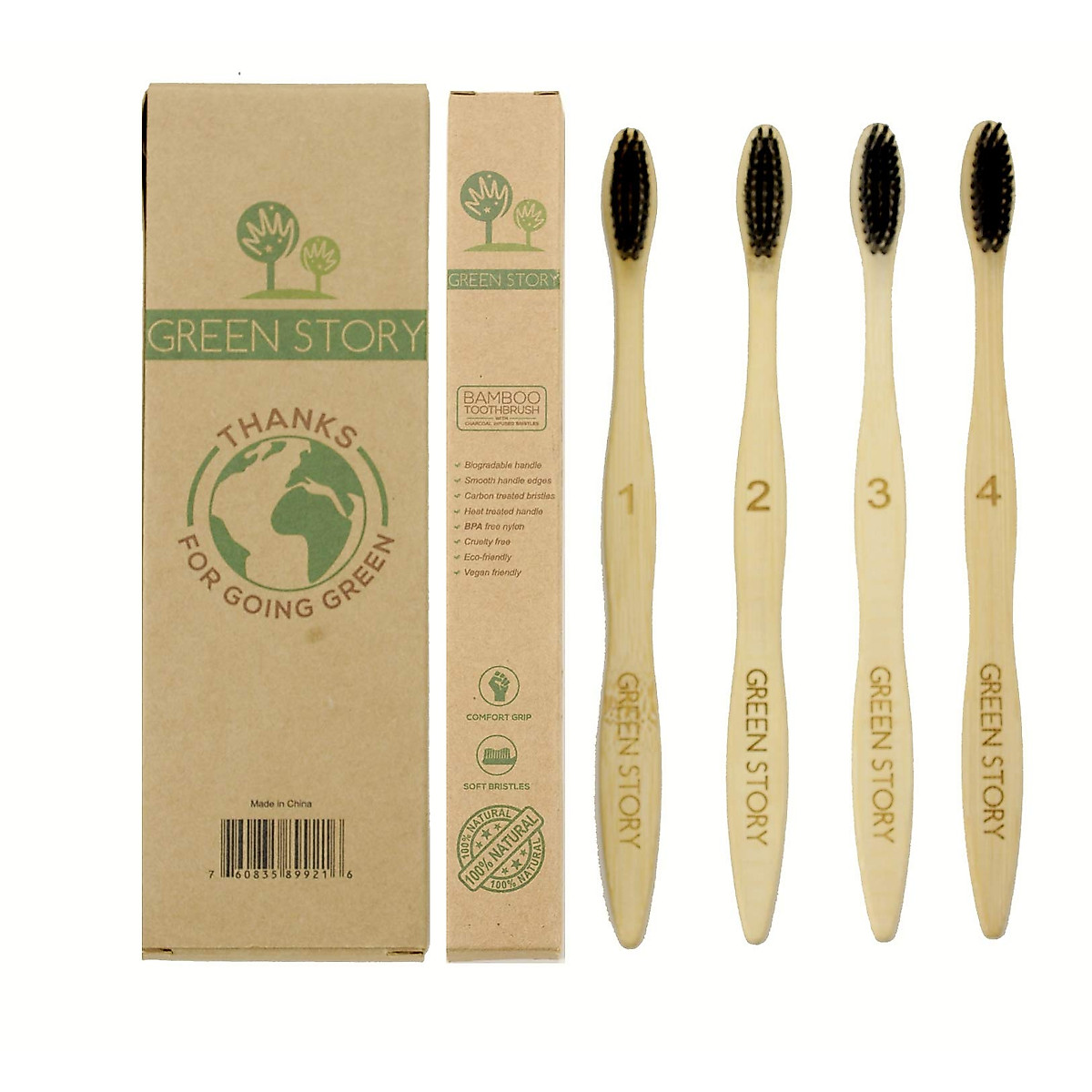 Biodegradable Eco-Friendly Charcoal Infused Bristle Bamboo Toothbrush - Pack of 4