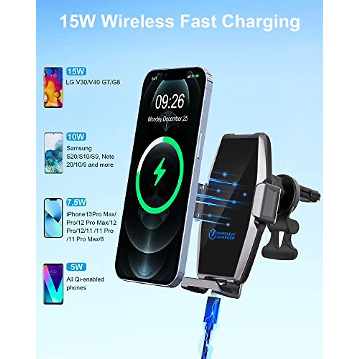 Wireless Car Charger, BelPel 15W Qi Fast Charging Auto-Clamping Car Charger Mount, Air Vent Car Charging Phone Holder for iPhone 14/13/12/11 Pro Max Series, Galaxy S22/S21, Clearance