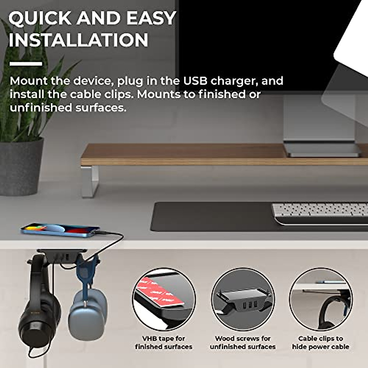 HumanCentric Hook and Charge Headphone Hanger with USB Charger, Under Desk Headphone Mount + Headphone Stand, Charge Accessories with 3 USB A Ports, Hook Headphones on Headset Holder Desk Hook, Black