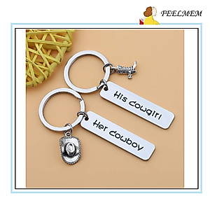 FEELMEM Western Texas Cowgirl Cowboy Hat Boot Keychain Set Her Cowboy His Cowgirl Couple Keychains Matching Set Valentines Day Boyfriend Gift Girlfriend Gift (Silver)