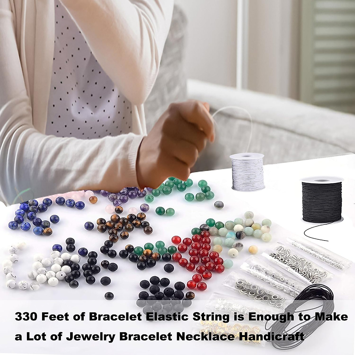Elastic Cord for Bracelets, 2 Rolls 1 mm 330 Feet Sturdy Bracelet String, Stretchy Elastic String for Jewelry Making, Necklaces, Beading