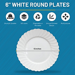 Premium Hard Plastic Round White Plates – 100 x 6” -Washable & Reusable - Party Supplies For Birthdays, Celebrations, Buffets, Fiestas, Catering & More