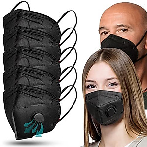 Face Mask Black with Breathing-Valve 5 Pack | Disposable Face Masks for Woman and Men 5 Layer Non-Woven | Sport Face Mask for Protection | Breathable Face Mask Lightweight and Comfortable on Skin