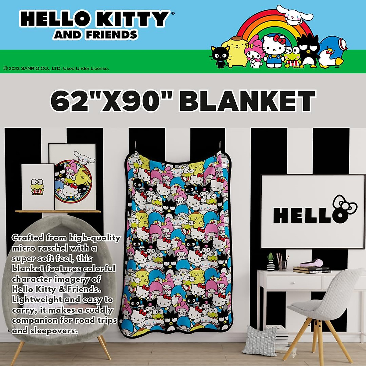 Franco Collectibles Hello Kitty & Friends Bedding Super Soft Cozy Blanket, 62 in x 90 in, (Officially Licensed Product)
