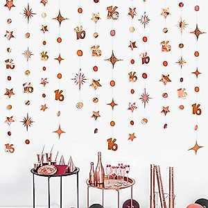 Rose Gold Number 16 Circle Dot Twinkle Star Garland Kit Metallic Hanging Streamer Bunting Banner Backdrop Decorations for Girls 16th Birthday Sweet Sixteen Wedding Anniversary Bridal Shower Party