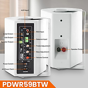 Pyle 5.25'' Pro-Active Wall-Mountable Bluetooth Speakers - 600 Watts Max, 300 Watts RMS w/ 2-Way Full Range Stereo Sound Reproduction, Pair, Rugged & Heavy Duty Cabinet Enclosure (White) PDWR59BTW