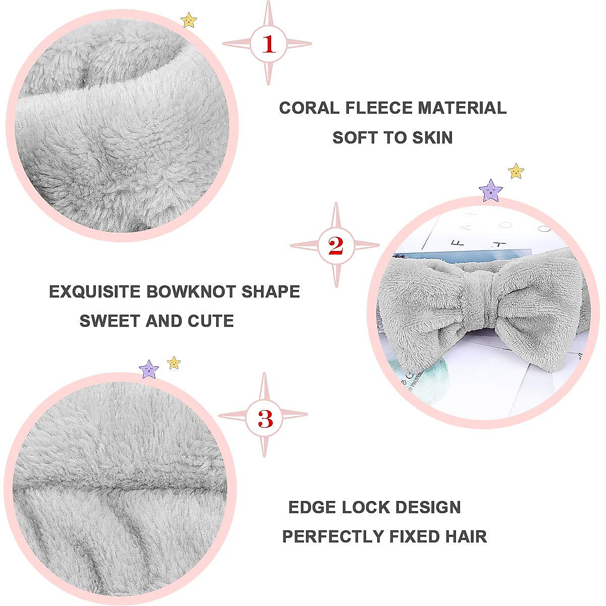 LADES Spa Headband - 3 Pack Bow Hair Band Women Facial Makeup Head Band Soft Coral Fleece Head Wraps For Shower Washing Face (Black+gray+white)