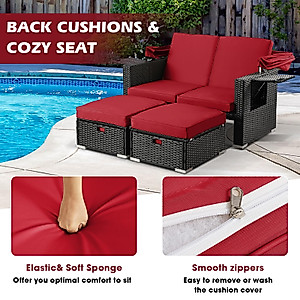 LEISU Outdoor Patio Furniture Sunbed with Retractable Canopy, PE Wicker Rattan Rectangle Sectional Sofa Set Clamshell Sectional Seating with Washable Cushions for Lawn Garden Poolside Backyard (Red)