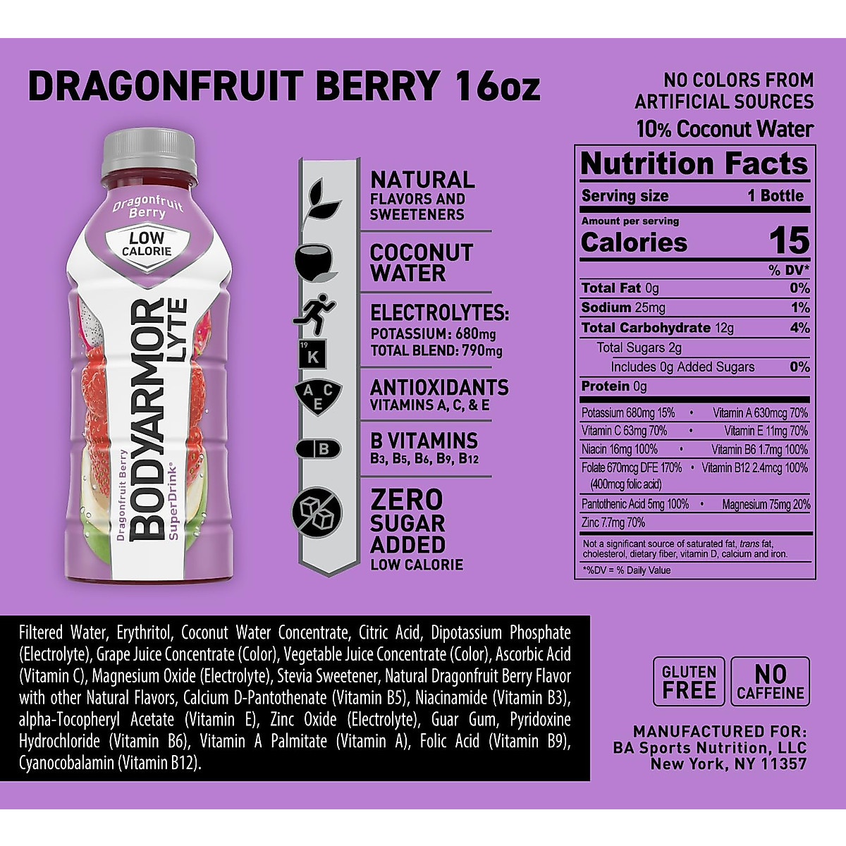 BODYARMOR LYTE Sports Drink Low-Calorie Sports Beverage, Dragonfruit Berry, Coconut Water Hydration, Natural Flavors With Vitamins, Potassium-Packed Electrolytes, Perfect For Athletes, 16 Fl Oz (Pack of 12)