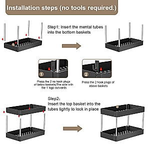 [ 2 Pack ] Under Sink Organizers and Storage, 2 Tier Bathroom Organizer Under Sink Shelf with 4 Removable Dividers , Kitchen Cabinet Storage Caddy Bath Counter Basket with Hooks Dividers Hanging Cups