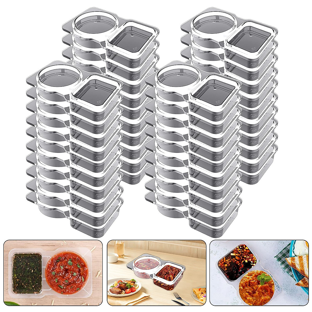 SEILETOO 40PCS Double Compartment Condiment Containers with Lids, 2025 New Disposable 2 Compartment Snack Containers, Plastic Bento Boxes for Office,Picnic,Microwave Safe