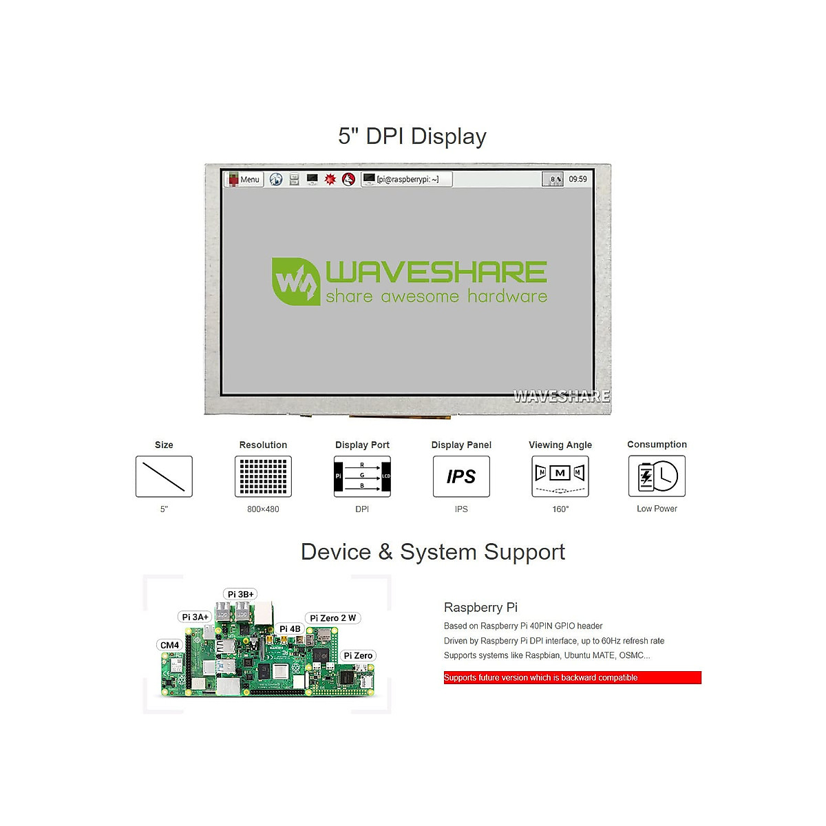 Waveshare 5inch Display Compatible with Raspberry Pi 5/4B/3B/Zero/Zero W/Zero 2W/Pico/Pico W/Pico WH 800×480 Resolution DPI Interface IPS No Touch