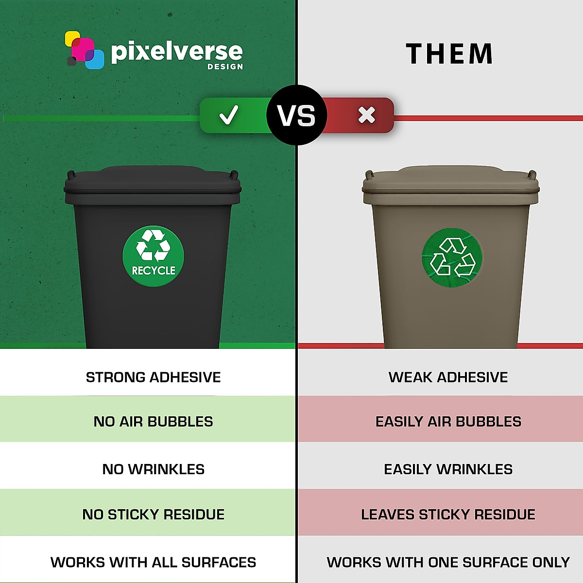 Pixelverse Design Recycle Trash Bin Logo Sticker - 4" x 4" - Organize & Coordinate Garbage Waste from Recycling - Great for Metal Aluminum Steel or Plastic Trash Cans - Indoor & Outdoor (10 Pack)