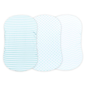 NODNAL CO. 3 Fitted Bassinet Sheets Mint Set Baby Girl/Boy - 100% Oeko-TEX Cotton - Gender Neutral Chevron Polka Dot Stripe Universal Fit - Cradle/Moses Basket Hourglass Oval Rectangle Mattress Sheet